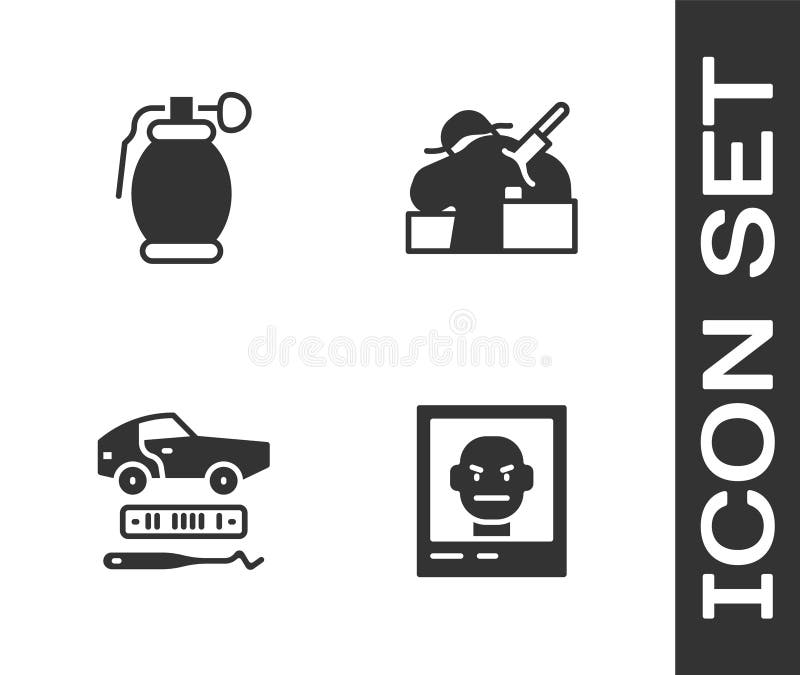Set Wanted Poster, Hand Grenade, Car Theft and Murder Icon. Vector ...