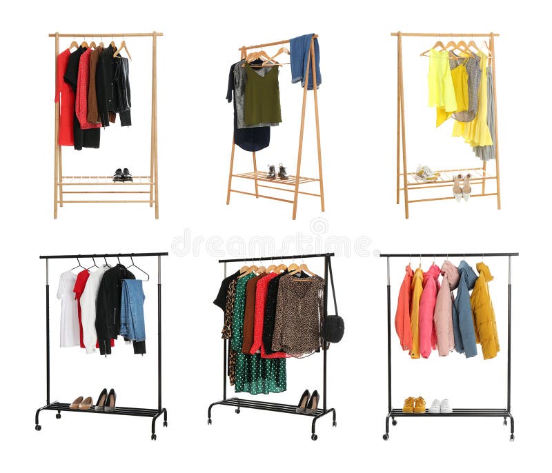 Set of Wardrobe Racks with Different Clothes on Background. Banner ...