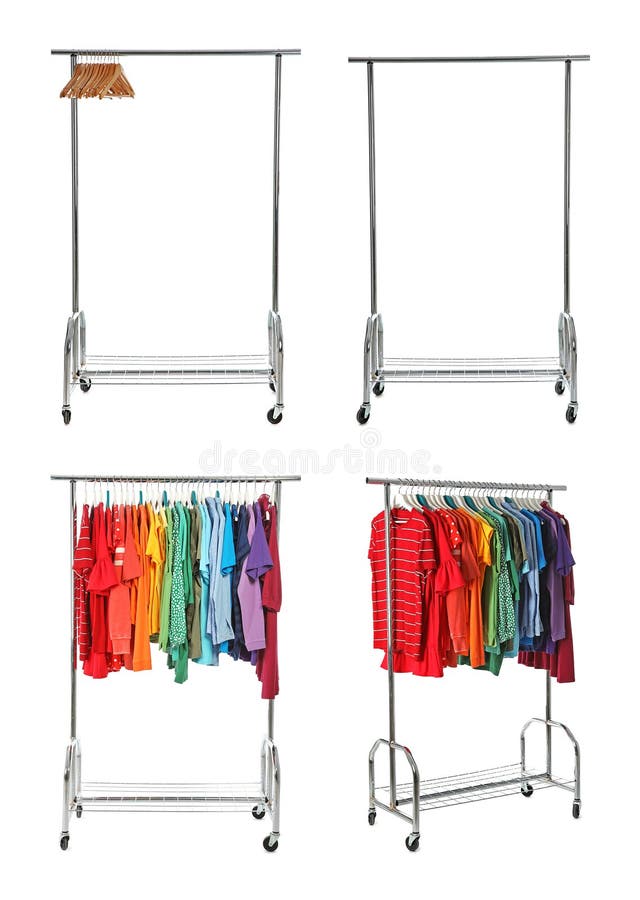 Set of Wardrobe Racks with Different Clothes on Background. Banner ...
