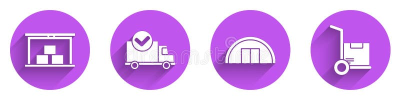 Set Warehouse, Delivery Truck with Check Mark, Warehouse and Hand Truck ...