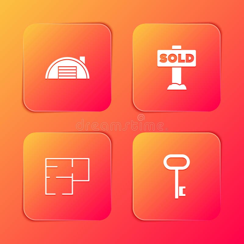 Set Warehouse, Hanging Sign with Text Sold, House Plan and Key Icon ...