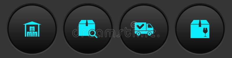 Set Warehouse, Search Package, Delivery Truck with Check Mark and Box ...