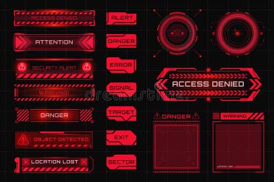 Set of Warning, Attention and Alert Red Symbols. HUD Caution and Danger ...