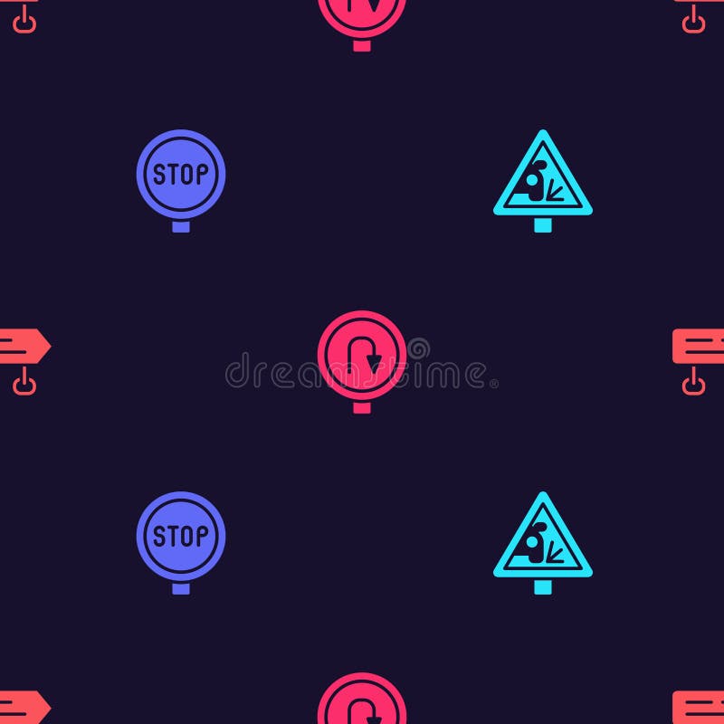 Set Warning Road Sign, Stop, Turn Back and Road Traffic on Seamless ...