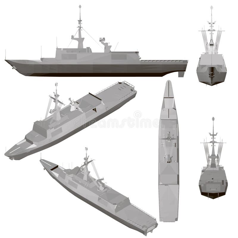 Set with a Warship Isolated on a White Background. Ship with Weapons ...