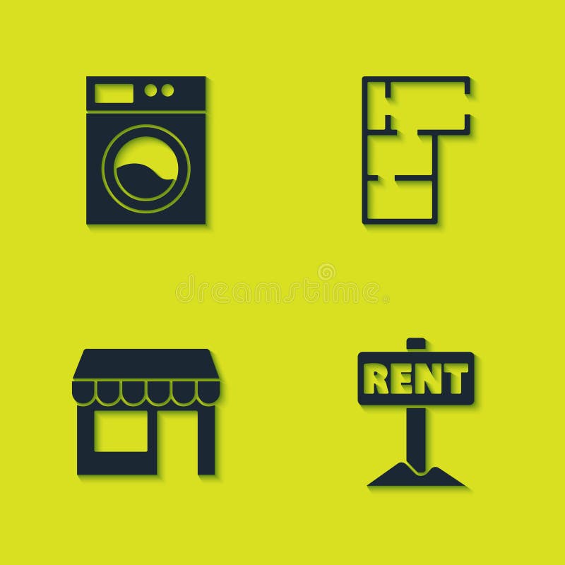 Set Washer, Hanging Sign with Rent, Market Store and House Plan Icon ...