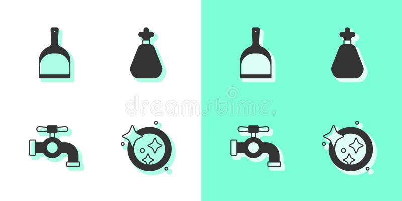 Set Washing Dishes, Dustpan, Water Tap and Garbage Bag Icon. Vector ...