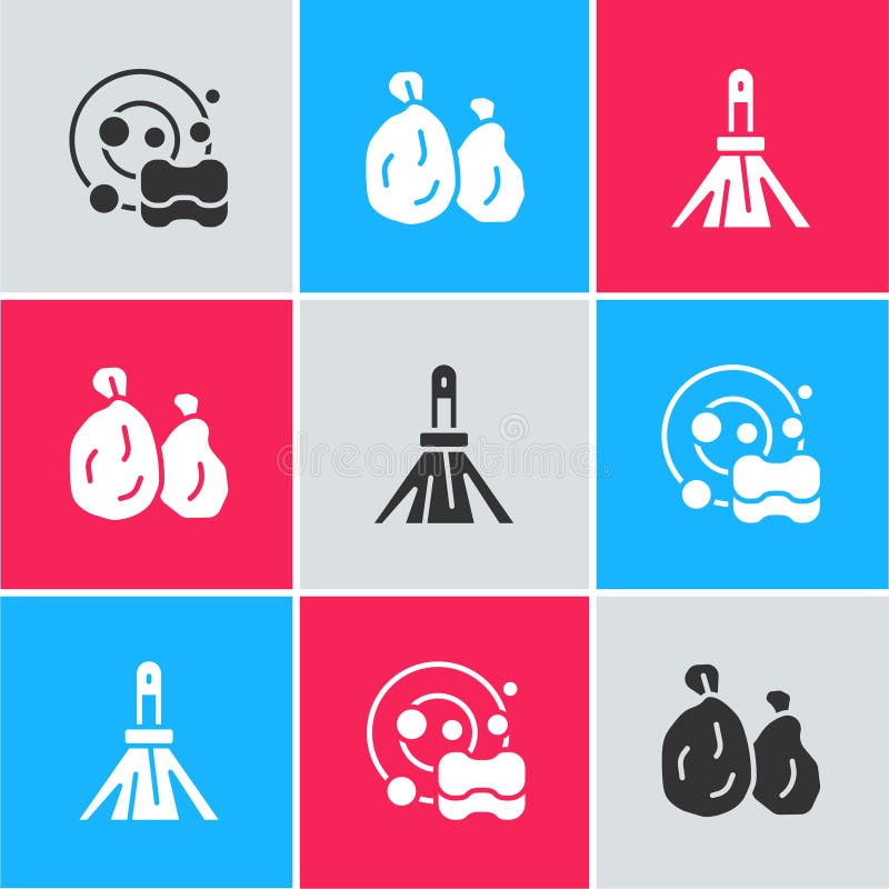 Set Washing Dishes, Garbage Bag and Handle Broom Icon. Vector Stock ...