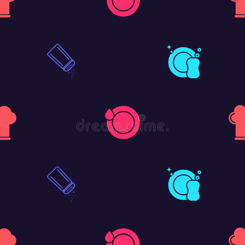 Set Washing Dishes, Salt and Pepper, and Chef Hat on Seamless Pattern ...