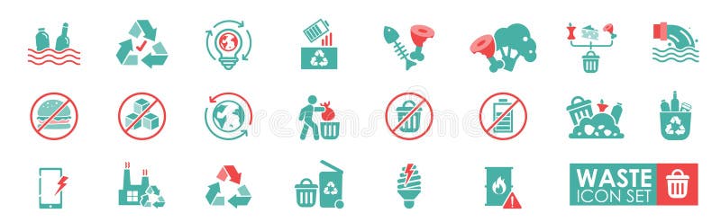Set of Waste Icons. Garbage Disposal. Trash Separation, and Waste ...