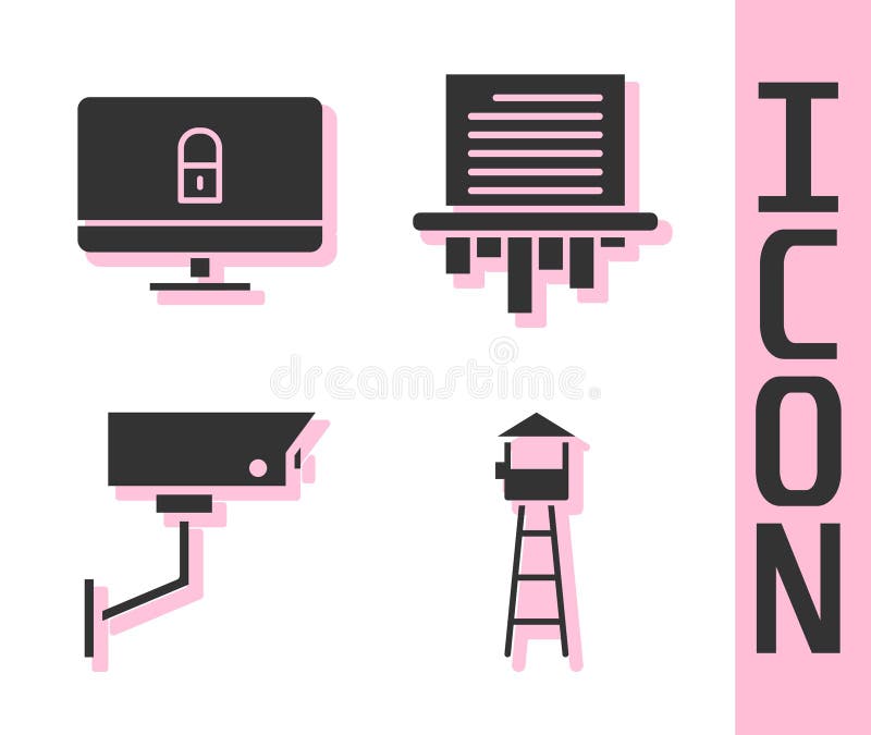 Set Watch Tower, Lock on Computer Monitor, Security Camera and Paper ...