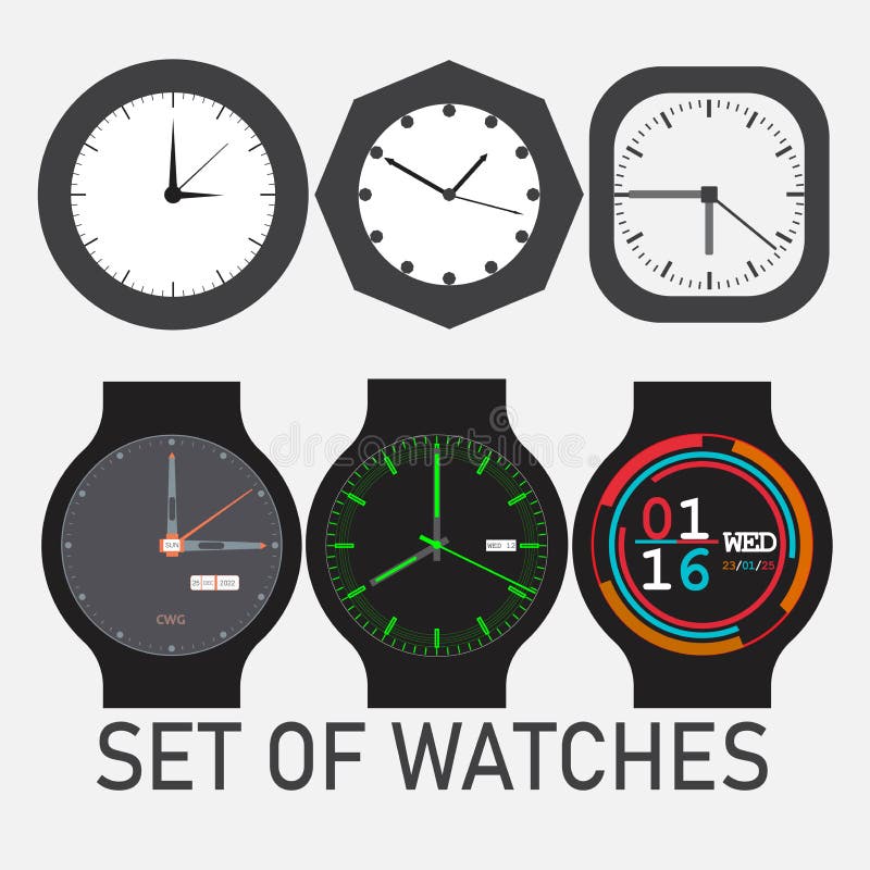 Set of Watches. Vector Set of Wall Clock and Wrist Watches. Collections ...