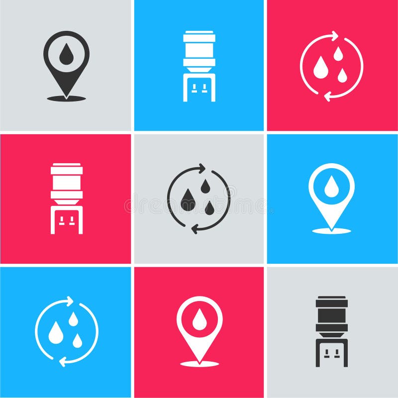Set Water Drop with Location, Cooler and Recycle Clean Aqua Icon ...