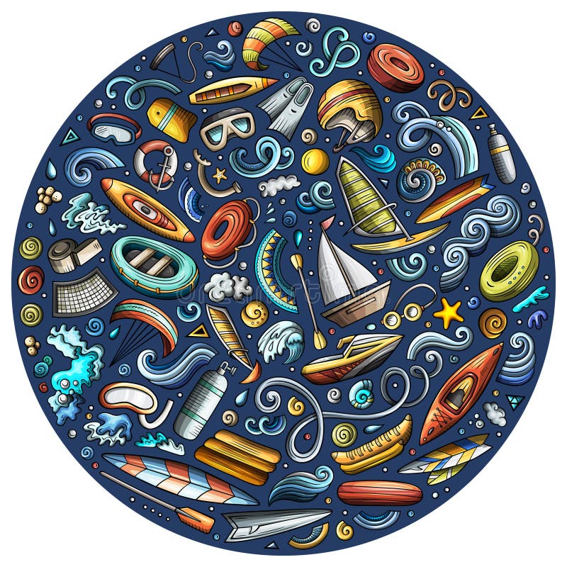 Set of Water Sport Cartoon Doodle Objects. Round Composition Stock ...