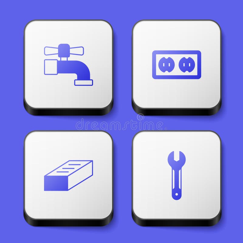 Set Water Tap, Electrical Outlet, Brick and Wrench Spanner Icon. White ...