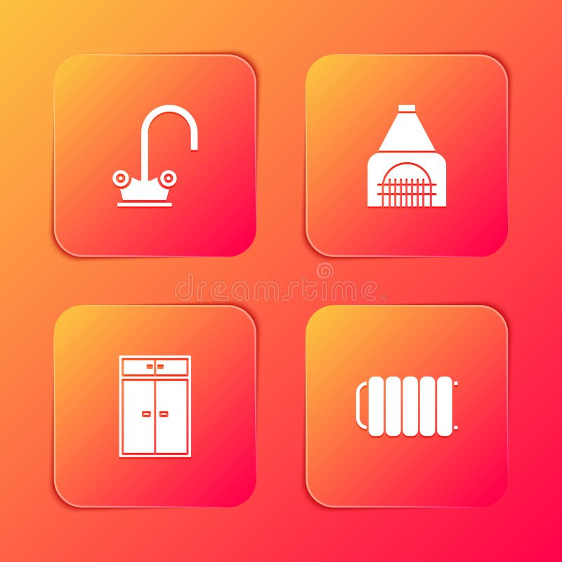 Set Water Tap, Interior Fireplace, Wardrobe and Heating Radiator Icon ...