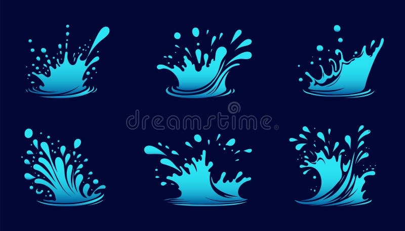 Set of Water Wave Splashes, Falling Aqua Drops, Sea or Ocean Waves ...