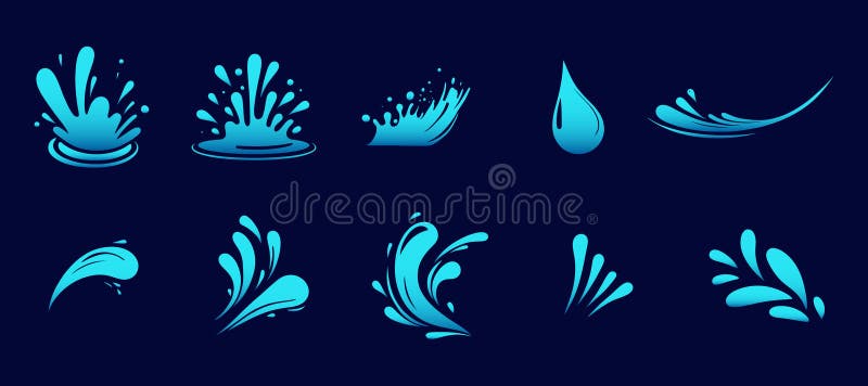 Set of Water Wave Splashes, Falling Aqua Drops, Sea or Ocean Waves ...