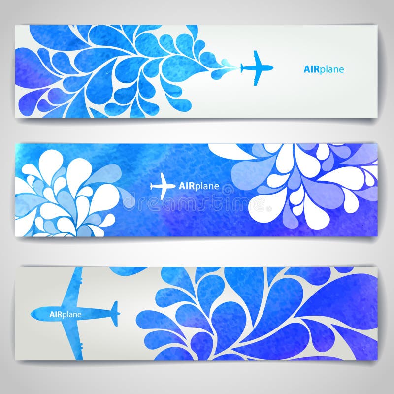 Set of Watercolor Airplane Artistic Banners Stock Vector - Illustration ...