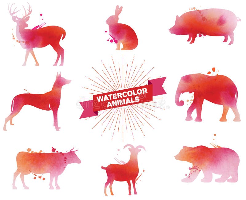Set of watercolor animals. stock vector. Illustration of cattle - 53264776