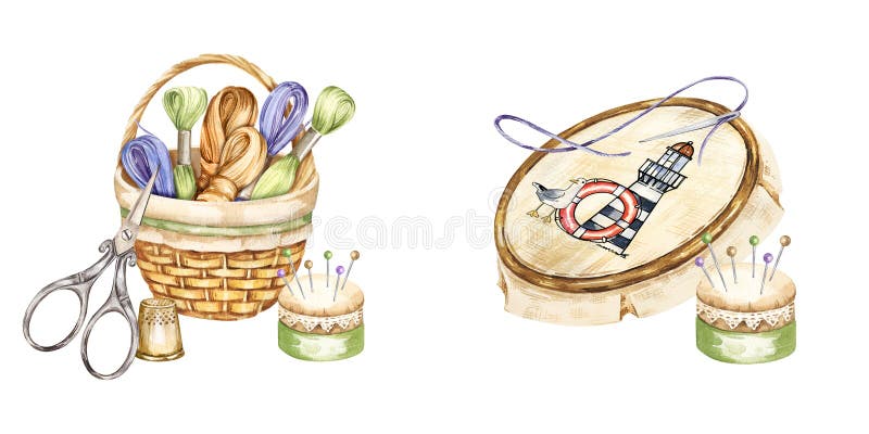 Set of Watercolor Composition with Embroidery Tools, Hand Drawn Sketch ...