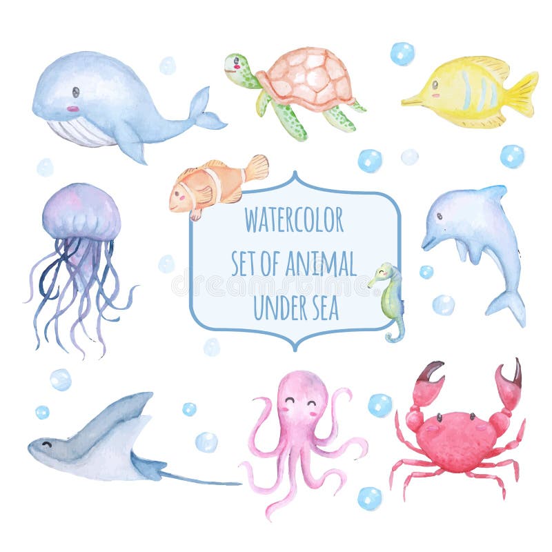 Set of Watercolor Cute Animal Under Sea Stock Vector - Illustration of ...