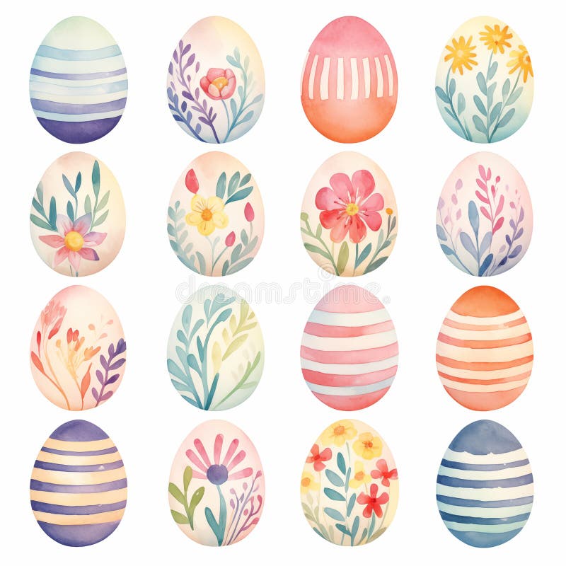 Set of Watercolor Easter Eggs with Floral Patterns in a Grid Arrangement Stock Illustration ...
