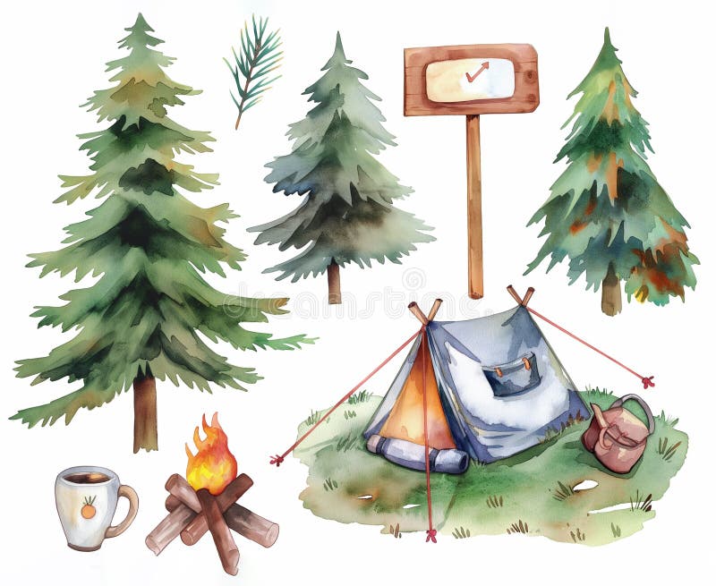 Set with Watercolor Elements. Camp Bonfire, Camping Backpack, Tent ...