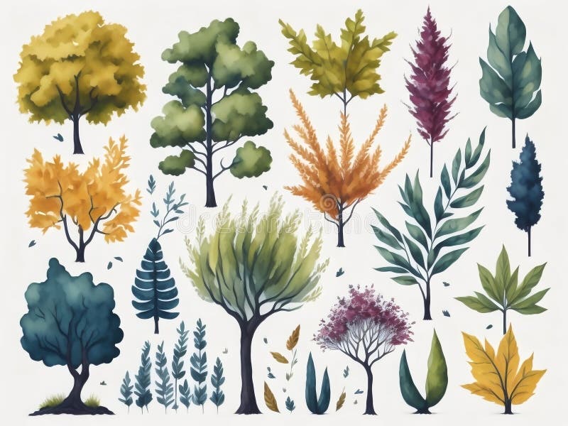 Set Watercolor Elements of Tree on White. Generative AI Stock ...