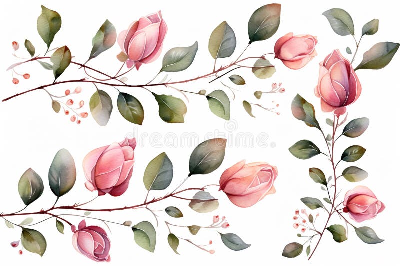 Set of Watercolor Floral Frame Border with Pink Rose Stock Illustration ...