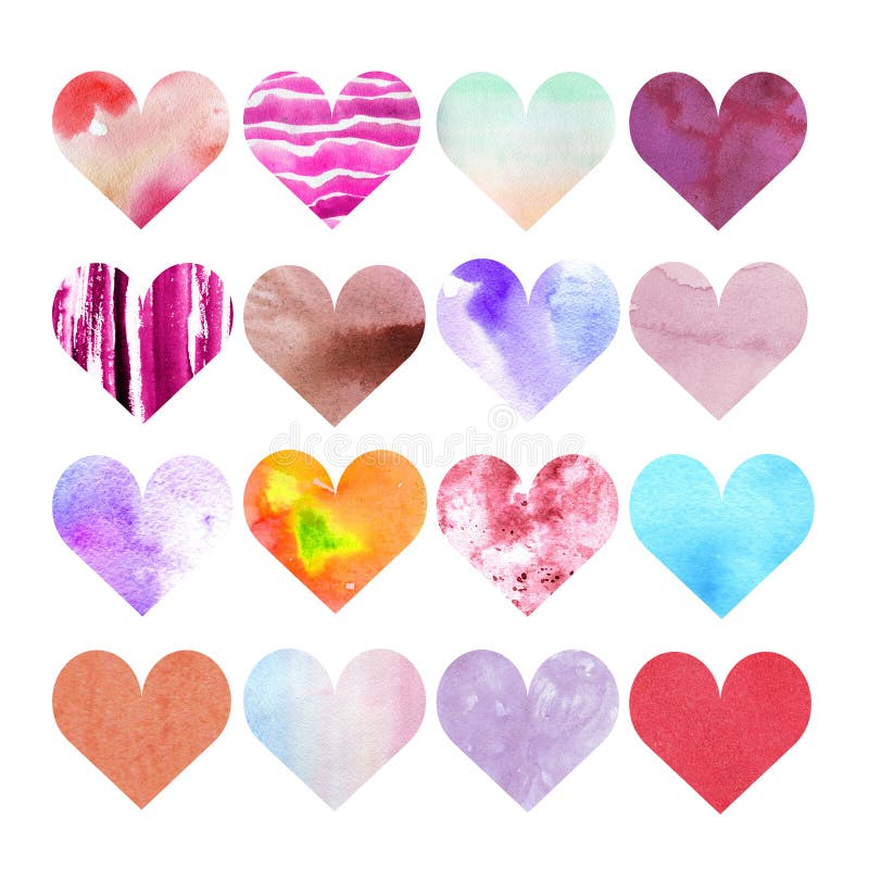 Set of Watercolor Hearts of Different Colors and Textures. Elements for ...
