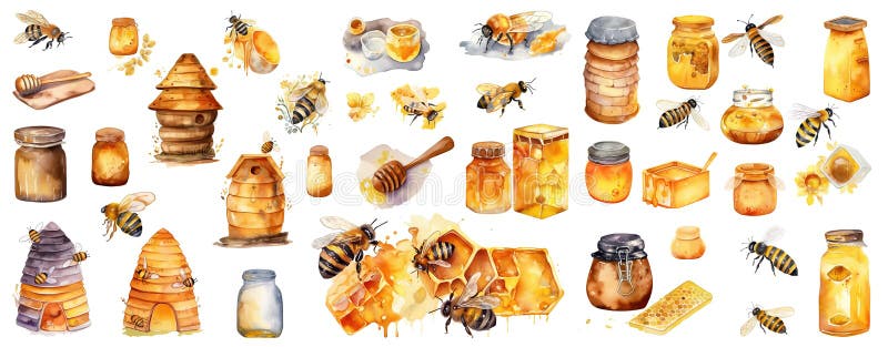 Set of Watercolor Illustrations of Bees and Honey Isolated on a White ...