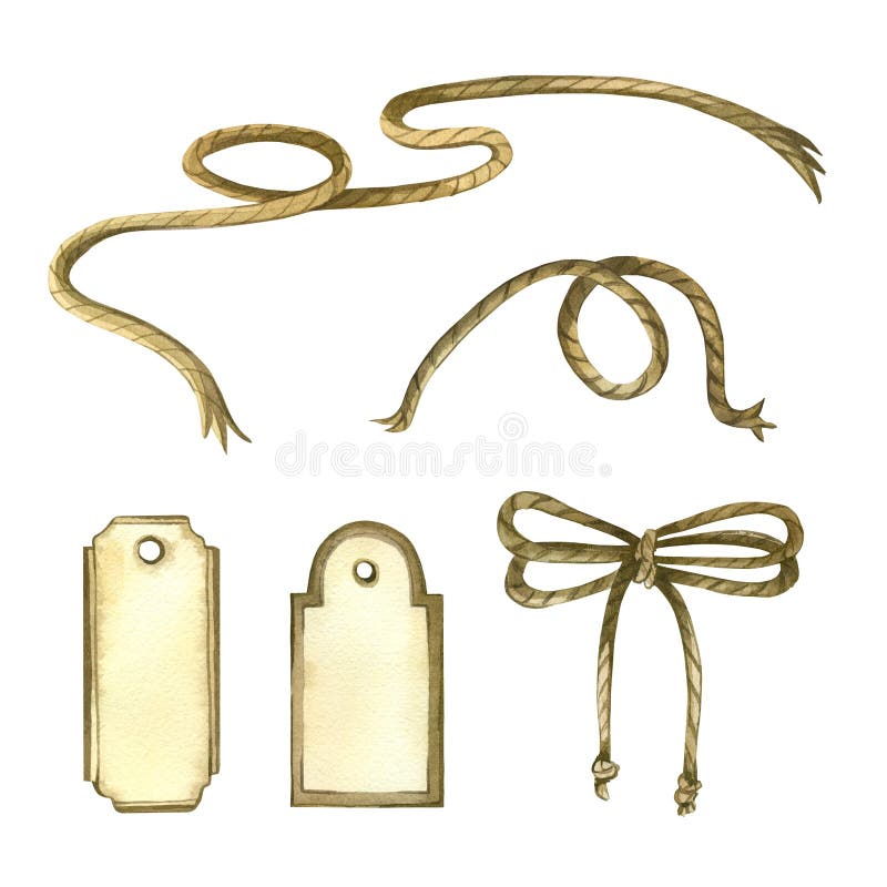A Set of Watercolor Illustrations. Tags, Labels, Strings, Bows Made of ...