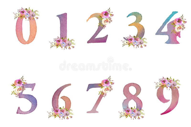 Pretty Soft Watercolor Painted Floral Numbers Stock Image - Image of ...