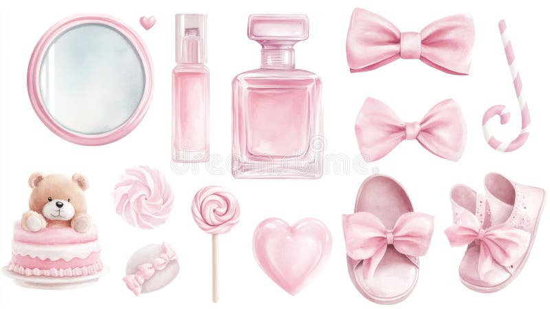 Set of Watercolor Pink Coquette Elements on a Transparent Background ...