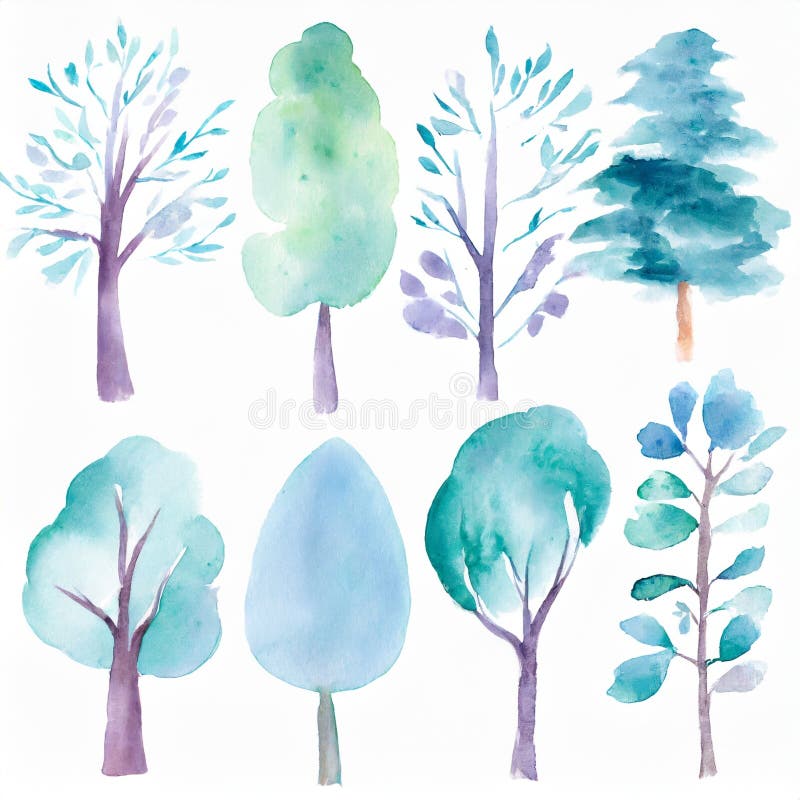 Set of watercolor trees stock illustration. Illustration of cards ...