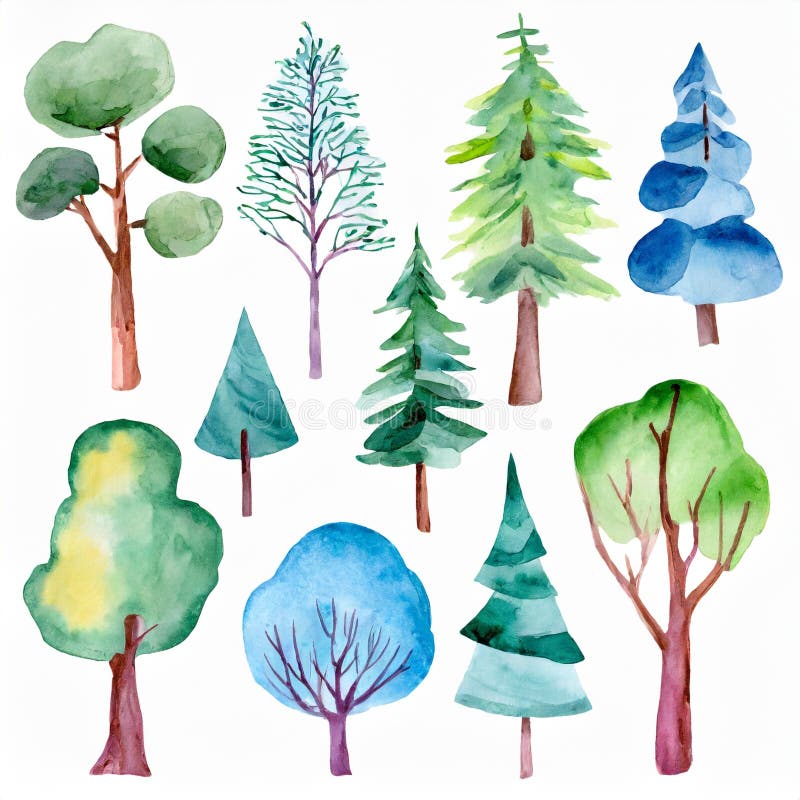 Set of watercolor trees stock illustration. Illustration of forest ...