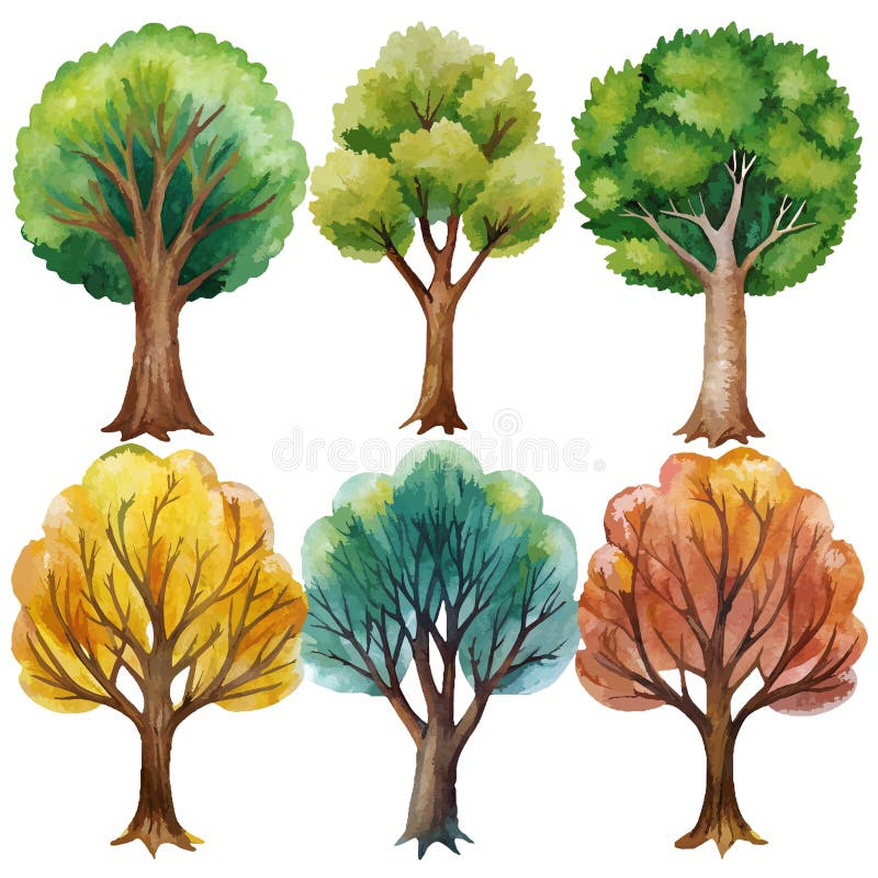 Set of Watercolor Trees without Background for Easy Customization Stock ...