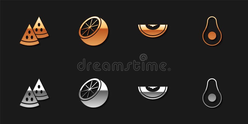 Set Watermelon, Orange Fruit, Melon and Avocado Icon. Vector Stock ...