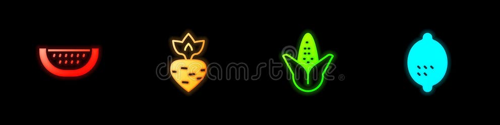 Set Watermelon, Turnip, Corn and Lemon Icon. Vector Stock Vector ...