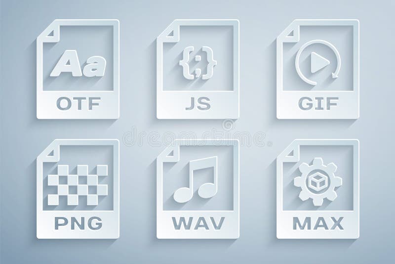 Set WAV File Document, GIF, PNG, MAX, JS and OTF Icon. Vector Editorial ... Set WAV File Document, GIF, PNG, MAX, JS and OTF Icon. Vector Editorial ...