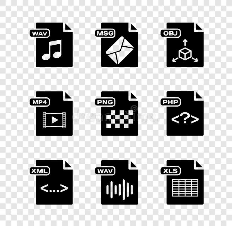 Set WAV File Document, MSG, OBJ, XML, XLS, MP4 and PNG Icon. Vector ... Set WAV File Document, MSG, OBJ, XML, XLS, MP4 and PNG Icon. Vector ...