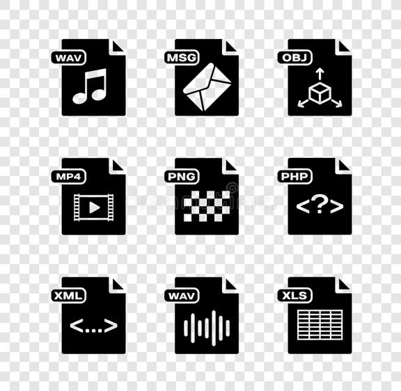 Set WAV File Document, MSG, OBJ, XML, XLS, MP4 and PNG Icon. Vector Stock Vector - Illustration ...