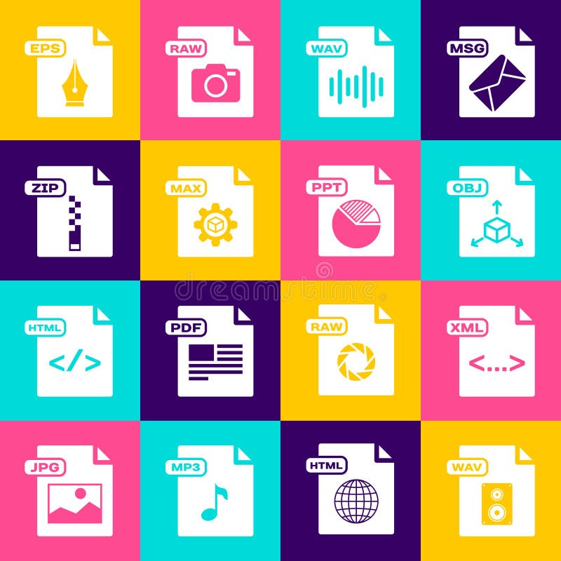 Set WAV File Document, XML, OBJ, MAX, ZIP, EPS and PPT Icon. Vector ... Set WAV File Document, XML, OBJ, MAX, ZIP, EPS and PPT Icon. Vector ...