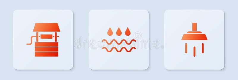 Set Wave with Water Drop, Well Bucket and Shower. White Square Button ...