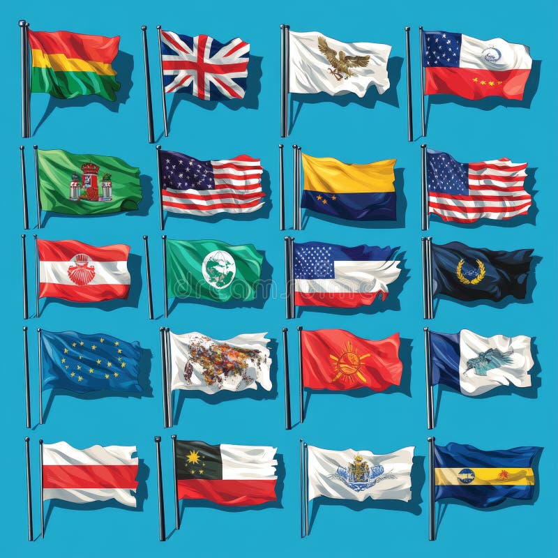 Set of Waving Flags of Different Countries on Blue Background. Vector Illustration Stock ...