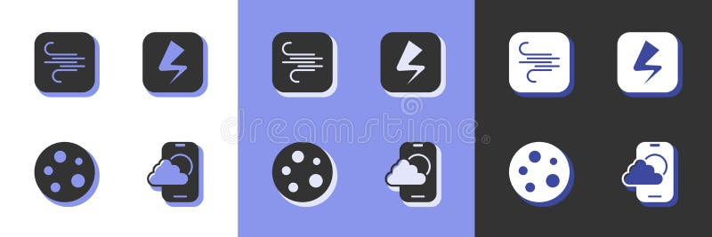 Set Weather Forecast App, Wind, Moon and Lightning Bolt Icon. Vector ...