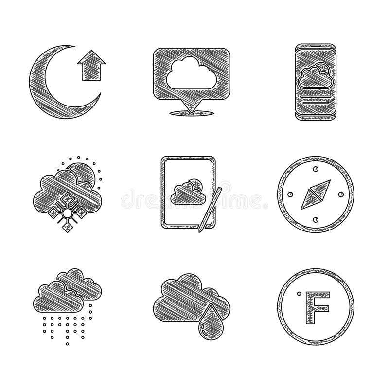 Set Weather Forecast, Cloud with Rain, Fahrenheit, Compass, Snow and ...