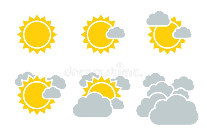 Set Weather Web Icon with Grey Cloud, Sun, Lightning Etc. Vector Shapes ...