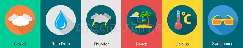 A Set of 6 Weather Icons As Clouds, Rain Drop, Thunder Stock Vector ...